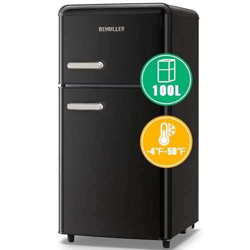 DEMULLER 3.5 Cu.ft Retro Mini Fridge with Freezer Dual Doors & Handles Compact Refrigerator with 7 Thermostat Control Freestanding Small Fridge with LED Light Kitchen Dorm Apartment Office Black