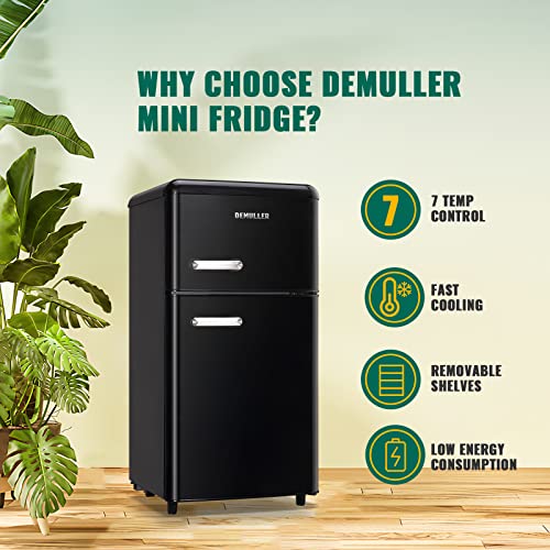 DEMULLER 3.5 Cu.ft Retro Mini Fridge with Freezer Dual Doors & Handles Compact Refrigerator with 7 Thermostat Control Freestanding Small Fridge with LED Light Kitchen Dorm Apartment Office Black