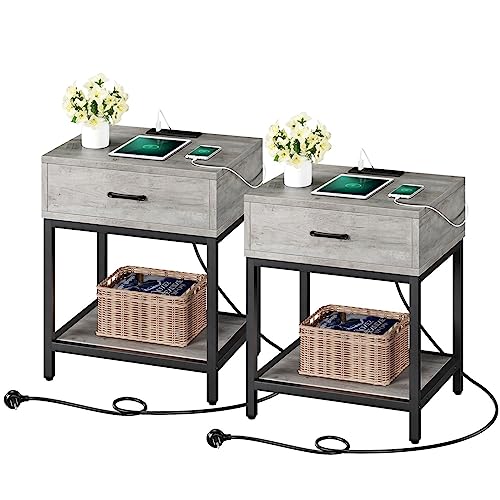 GAOMON Set of 2 Grey Nightstands with Charging Station End Side Table with Storage Drawer and Shelf, Modern Night Stand Bedside Table for Bedroom Living Room, Nursery, Dorm