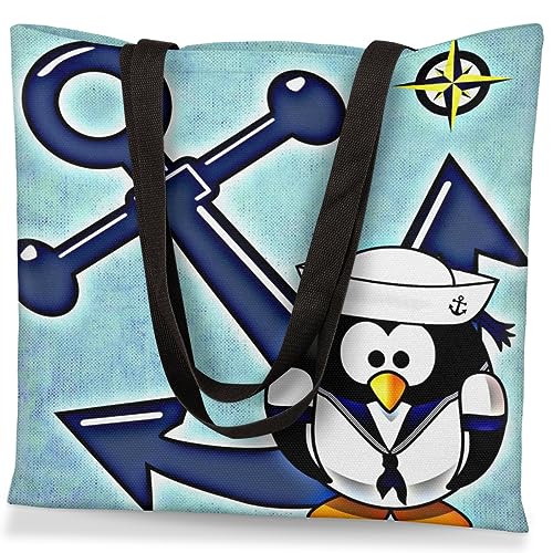 QsirBC Captain Penguin Anchor Canvas Tote Bag for Women Reusable Shoulder Totebag with Pocket Casual Handbag for Shopping Work Travel Gift