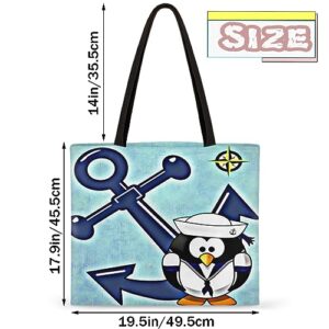 QsirBC Captain Penguin Anchor Canvas Tote Bag for Women Reusable Shoulder Totebag with Pocket Casual Handbag for Shopping Work Travel Gift