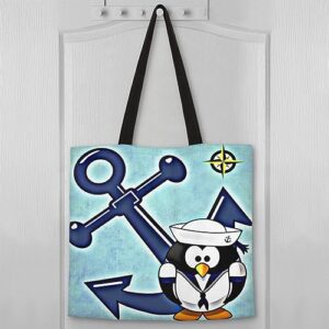 QsirBC Captain Penguin Anchor Canvas Tote Bag for Women Reusable Shoulder Totebag with Pocket Casual Handbag for Shopping Work Travel Gift