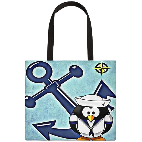 QsirBC Captain Penguin Anchor Canvas Tote Bag for Women Reusable Shoulder Totebag with Pocket Casual Handbag for Shopping Work Travel Gift