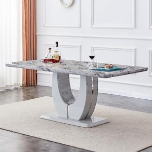 71" marble dining table for 6-8 people,71" kitchen table with imitation marble grain mdf table top & u-shaped supports & grey wooden base modern dining room table grey dining table