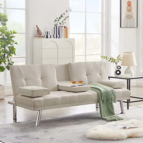 Eafurn Futon Bed Sleeper Loveseat, Convertible Folding Armrest, Adjustable Backrest, Modern 2 Seater Upholstered Love Seat Sofa& Couches Sofabed, Beige Fabric w/ 2 Cupholders