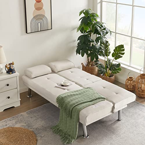 Eafurn Futon Bed Sleeper Loveseat, Convertible Folding Armrest, Adjustable Backrest, Modern 2 Seater Upholstered Love Seat Sofa& Couches Sofabed, Beige Fabric w/ 2 Cupholders