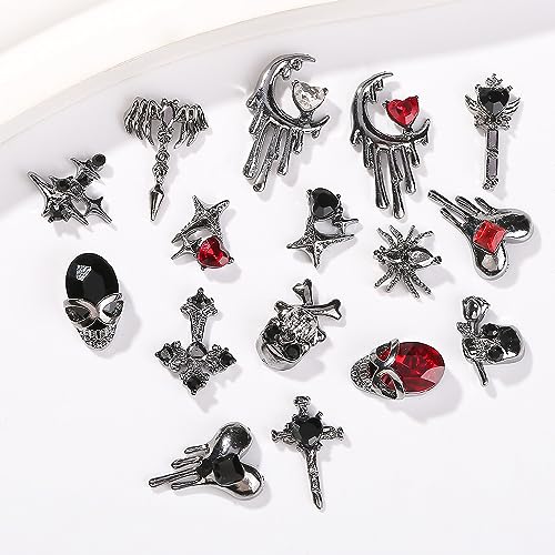 Halloween Nail Charms for Acrylic Nails 16PCS 3D Alloy Spider Skull Halloween Charms for Nails Decoration Dark Black Gothic Cross Moon Nail Gems and Charms Nail Jewelry Halloween Nail Supplies