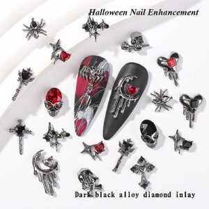 Halloween Nail Charms for Acrylic Nails 16PCS 3D Alloy Spider Skull Halloween Charms for Nails Decoration Dark Black Gothic Cross Moon Nail Gems and Charms Nail Jewelry Halloween Nail Supplies