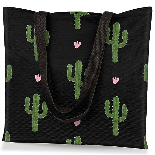 QsirBC Love Cactus Canvas Tote Bag for Women Reusable Shoulder Totebag with Pocket Casual Handbag for Shopping Work Travel Gift