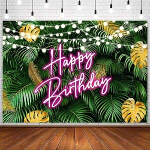 sensfun hawaiian tropical palm leaves happy birthday backdrop aloha luau pink neon birthday jungle green leaves photo background adults 30th 40th 50th birthday decorations banner photo props 7x5ft