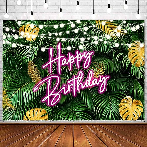 Sensfun Hawaiian Tropical Palm Leaves Happy Birthday Backdrop Aloha Luau Pink Neon Birthday Jungle Green Leaves Photo Background Adults 30th 40th 50th Birthday Decorations Banner Photo Props 7x5ft