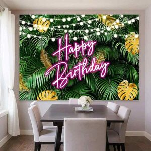 Sensfun Hawaiian Tropical Palm Leaves Happy Birthday Backdrop Aloha Luau Pink Neon Birthday Jungle Green Leaves Photo Background Adults 30th 40th 50th Birthday Decorations Banner Photo Props 7x5ft