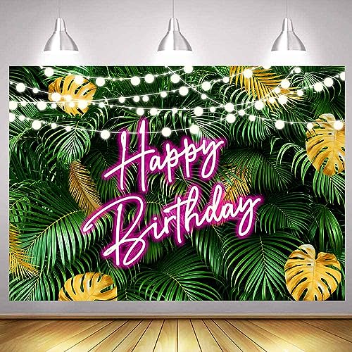 Sensfun Hawaiian Tropical Palm Leaves Happy Birthday Backdrop Aloha Luau Pink Neon Birthday Jungle Green Leaves Photo Background Adults 30th 40th 50th Birthday Decorations Banner Photo Props 7x5ft