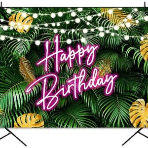 Sensfun Hawaiian Tropical Palm Leaves Happy Birthday Backdrop Aloha Luau Pink Neon Birthday Jungle Green Leaves Photo Background Adults 30th 40th 50th Birthday Decorations Banner Photo Props 7x5ft