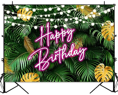 Sensfun Hawaiian Tropical Palm Leaves Happy Birthday Backdrop Aloha Luau Pink Neon Birthday Jungle Green Leaves Photo Background Adults 30th 40th 50th Birthday Decorations Banner Photo Props 7x5ft