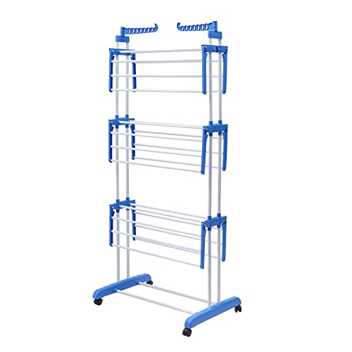 Clothes Drying Rack,Oversized 4-Tier(67.7" High) Foldable Stainless Steel Drying Rack Clothing,Movable Drying Rack With 4 Castors, 24 Drying Poles & 14 Hooks For Bed Linen, Clothing, Grey/Blue (Blue)