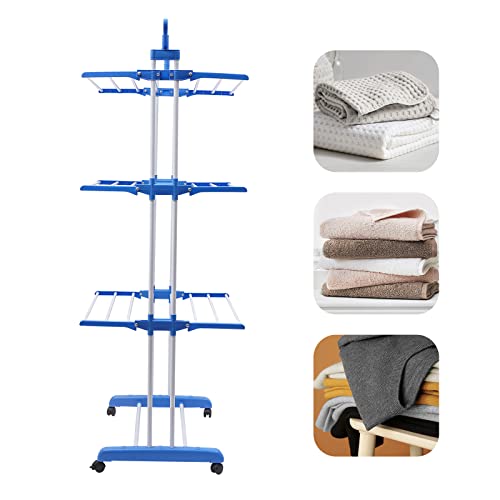 Clothes Drying Rack,Oversized 4-Tier(67.7" High) Foldable Stainless Steel Drying Rack Clothing,Movable Drying Rack With 4 Castors, 24 Drying Poles & 14 Hooks For Bed Linen, Clothing, Grey/Blue (Blue)