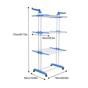 Clothes Drying Rack,Oversized 4-Tier(67.7" High) Foldable Stainless Steel Drying Rack Clothing,Movable Drying Rack With 4 Castors, 24 Drying Poles & 14 Hooks For Bed Linen, Clothing, Grey/Blue (Blue)