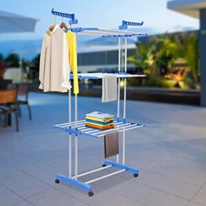 Clothes Drying Rack,Oversized 4-Tier(67.7" High) Foldable Stainless Steel Drying Rack Clothing,Movable Drying Rack With 4 Castors, 24 Drying Poles & 14 Hooks For Bed Linen, Clothing, Grey/Blue (Blue)