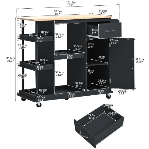 Blomed Multipurpose Kitchen Cart Cabinet with Side Storage Shelves,Rubber Wood Top, Adjustable Storage Shelves, 5 Wheels, Kitchen Storage Island with Wine Rack for Dining Room, Home,Bar,Black