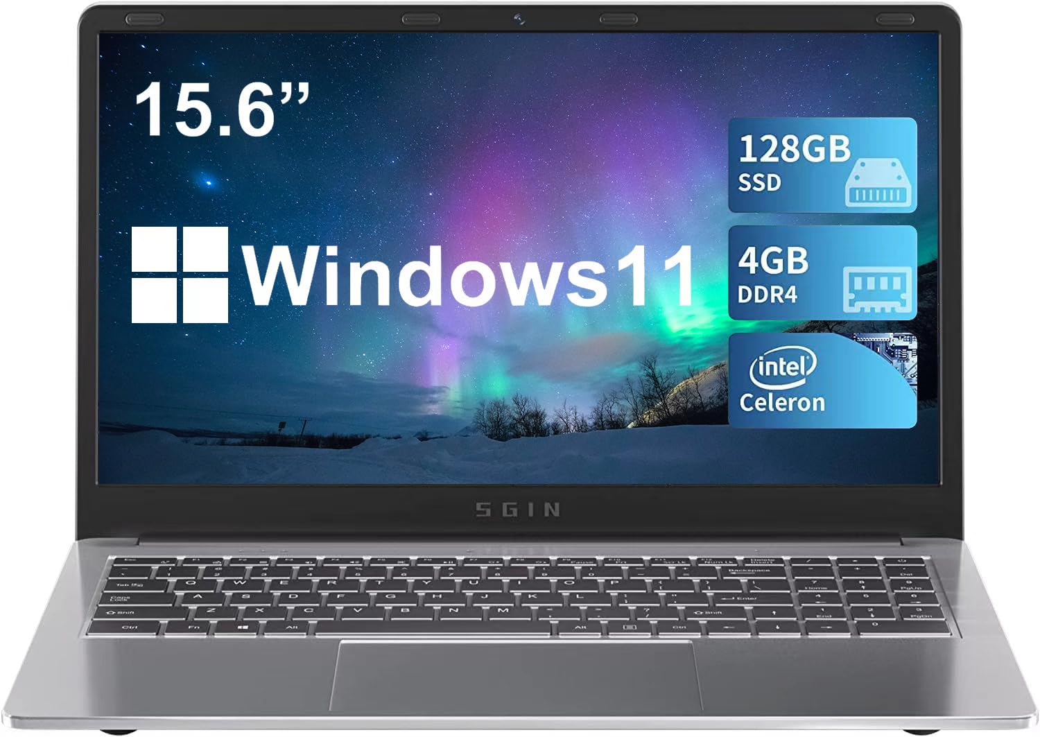 SGIN Laptop 15.6 Inch, 4GB DDR4 128GB SSD Laptops with Intel Celeron Quad Core Processor(up to 2.5 GHz), Intel UHD Graphics 600, Mini HDMI, WiFi, Webcam, USB3.0, Bluetooth 4.2