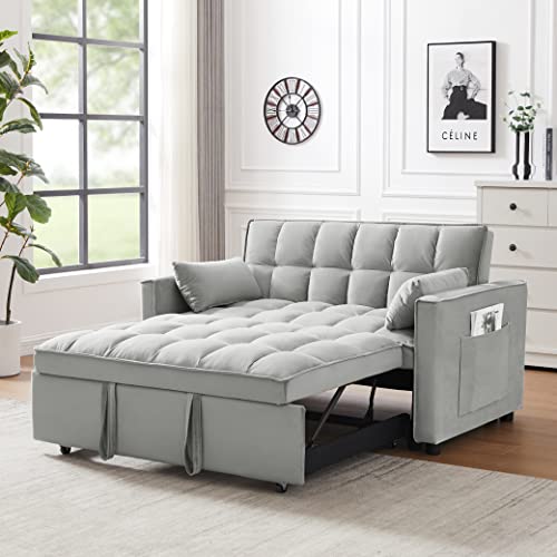 BIADNBZ Velvet Loveseat Futon Sofa with Pull Out Bed and Reclining Backrest, 3 in 1 Convertible Couch SofaBed w/Toss Pillows and Storage Side Pockets, for Living Room Apartment, Gray