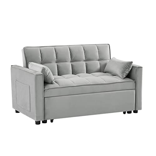 BIADNBZ Velvet Loveseat Futon Sofa with Pull Out Bed and Reclining Backrest, 3 in 1 Convertible Couch SofaBed w/Toss Pillows and Storage Side Pockets, for Living Room Apartment, Gray