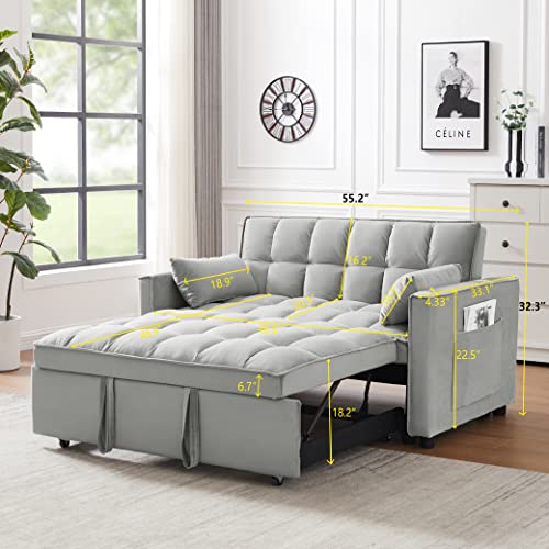 BIADNBZ Velvet Loveseat Futon Sofa with Pull Out Bed and Reclining Backrest, 3 in 1 Convertible Couch SofaBed w/Toss Pillows and Storage Side Pockets, for Living Room Apartment, Gray