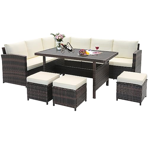 Tangkula 7 Pieces Wicker Patio Furniture Set, Rattan Sofa with Coffee Table, Ottomans & White Cushions, Sectional Conversation Sofa Set for Porch, Poolside, Balcony Yard Garden (White)