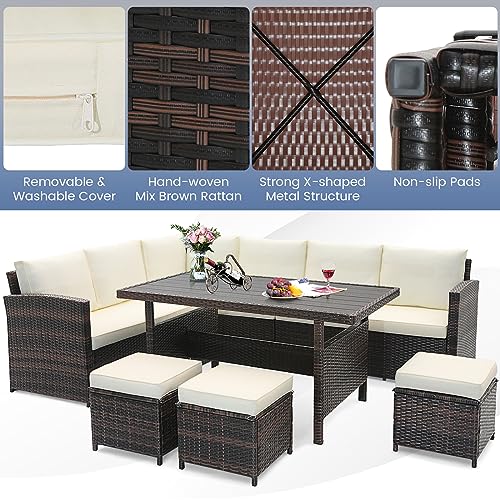 Tangkula 7 Pieces Wicker Patio Furniture Set, Rattan Sofa with Coffee Table, Ottomans & White Cushions, Sectional Conversation Sofa Set for Porch, Poolside, Balcony Yard Garden (White)