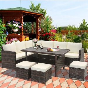 Tangkula 7 Pieces Wicker Patio Furniture Set, Rattan Sofa with Coffee Table, Ottomans & White Cushions, Sectional Conversation Sofa Set for Porch, Poolside, Balcony Yard Garden (White)