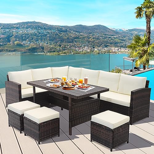 Tangkula 7 Pieces Wicker Patio Furniture Set, Rattan Sofa with Coffee Table, Ottomans & White Cushions, Sectional Conversation Sofa Set for Porch, Poolside, Balcony Yard Garden (White)