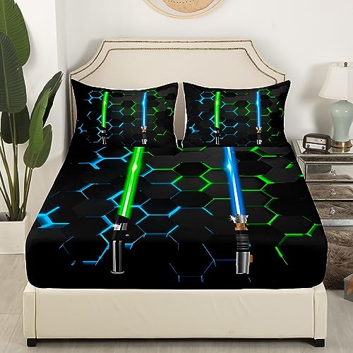 Geometric Honeycomb Hexagon Bed Sheets Twin Size Neon Blue Green Lightsaber Bedding Set 3Pcs Kids Boys Men Gamer Room Decor Fashion Black Sheet Set Cool 3D Games Fitted + Flat Sheet,1 Pillowcase