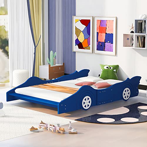 LCH Full Size Race Car-Shaped Platform Bed with Wheels,Wooden Platform Bed with Support Slats,Full Bed Frame for Children Boys Girls Teens,Suitable for Bedroom,Apartment and Dorm,Blue