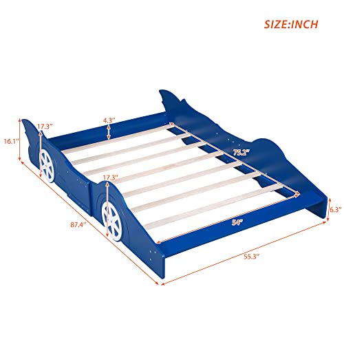 LCH Full Size Race Car-Shaped Platform Bed with Wheels,Wooden Platform Bed with Support Slats,Full Bed Frame for Children Boys Girls Teens,Suitable for Bedroom,Apartment and Dorm,Blue