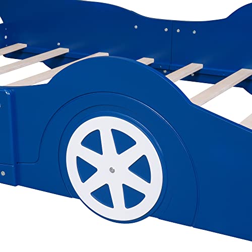 LCH Full Size Race Car-Shaped Platform Bed with Wheels,Wooden Platform Bed with Support Slats,Full Bed Frame for Children Boys Girls Teens,Suitable for Bedroom,Apartment and Dorm,Blue