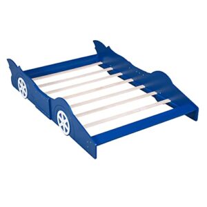 LCH Full Size Race Car-Shaped Platform Bed with Wheels,Wooden Platform Bed with Support Slats,Full Bed Frame for Children Boys Girls Teens,Suitable for Bedroom,Apartment and Dorm,Blue