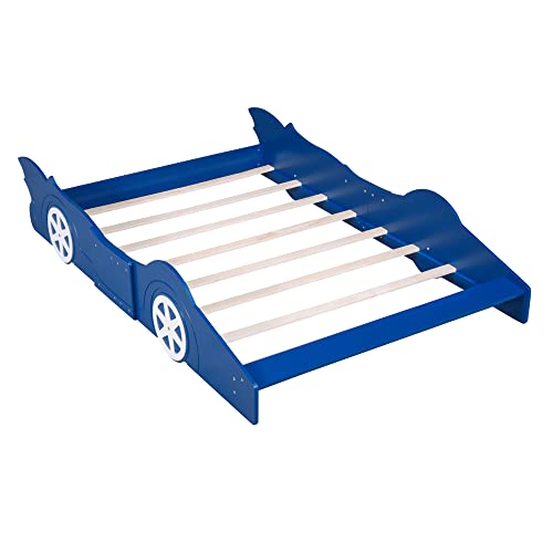 LCH Full Size Race Car-Shaped Platform Bed with Wheels,Wooden Platform Bed with Support Slats,Full Bed Frame for Children Boys Girls Teens,Suitable for Bedroom,Apartment and Dorm,Blue