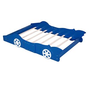 LCH Full Size Race Car-Shaped Platform Bed with Wheels,Wooden Platform Bed with Support Slats,Full Bed Frame for Children Boys Girls Teens,Suitable for Bedroom,Apartment and Dorm,Blue