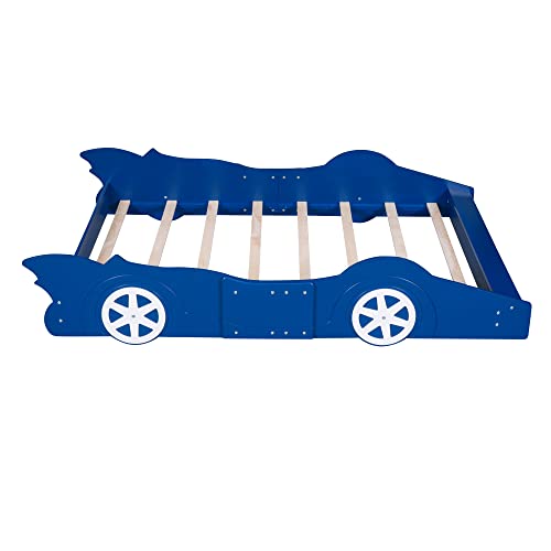 LCH Full Size Race Car-Shaped Platform Bed with Wheels,Wooden Platform Bed with Support Slats,Full Bed Frame for Children Boys Girls Teens,Suitable for Bedroom,Apartment and Dorm,Blue