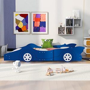 LCH Full Size Race Car-Shaped Platform Bed with Wheels,Wooden Platform Bed with Support Slats,Full Bed Frame for Children Boys Girls Teens,Suitable for Bedroom,Apartment and Dorm,Blue