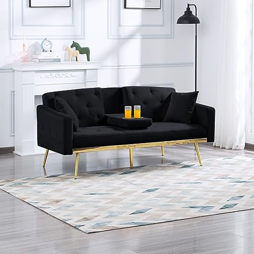 KoiHome Button Tufted Convertible Futon Sofa Bed with 3 Angle Adjustment of backrest, Velvet Sleeper Couch Daybed Loveseat with 2 Cup Holders, 2 Pillows and Square Armrests for Compact Space, Black