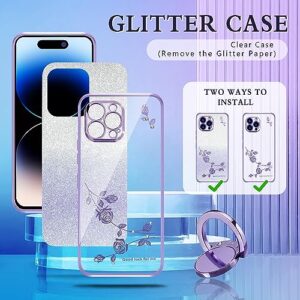 DHIMI for iPhone 14 pro Flowers Floral Design Sparkle Luxury Cases,Diamond Kickstand Plating Glitter Case for Women Girls 14 Pro Phone Cases (Purple)