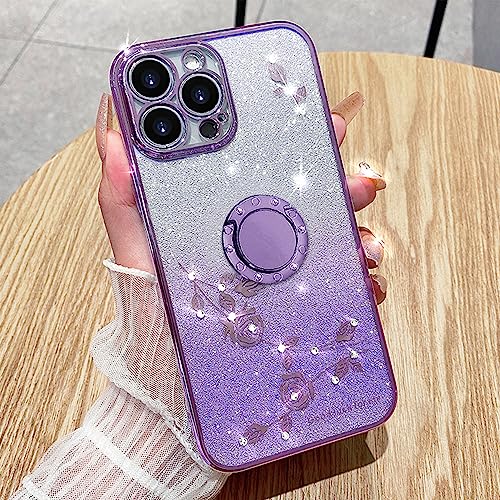 DHIMI for iPhone 14 pro Flowers Floral Design Sparkle Luxury Cases,Diamond Kickstand Plating Glitter Case for Women Girls 14 Pro Phone Cases (Purple)