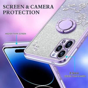 DHIMI for iPhone 14 pro Flowers Floral Design Sparkle Luxury Cases,Diamond Kickstand Plating Glitter Case for Women Girls 14 Pro Phone Cases (Purple)