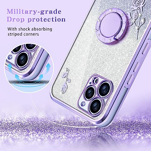 DHIMI for iPhone 14 pro Flowers Floral Design Sparkle Luxury Cases,Diamond Kickstand Plating Glitter Case for Women Girls 14 Pro Phone Cases (Purple)