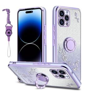 DHIMI for iPhone 14 pro Flowers Floral Design Sparkle Luxury Cases,Diamond Kickstand Plating Glitter Case for Women Girls 14 Pro Phone Cases (Purple)