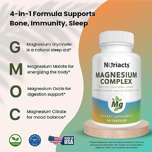 Nutriacts Magnesium Complex 60 Capsules: 4-in-1 Energy, Mood, Sleep, Digestive Support with Aquamin - Gentle to Stomach, High Absorption Formula for Optimal Health - Magnesium 500mg