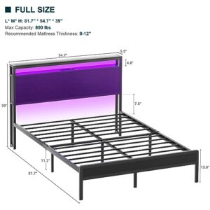 Homieasy Full Size Bed Frame with Charging Station and Led Lights, Industrial Metal Platform Bed with Storage Headboard, Steel Slat Support, No Box Spring Needed, Noise-Free, Easy Assembly, Black