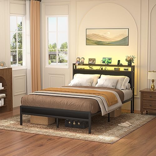 Homieasy Full Size Bed Frame with Charging Station and Led Lights, Industrial Metal Platform Bed with Storage Headboard, Steel Slat Support, No Box Spring Needed, Noise-Free, Easy Assembly, Black